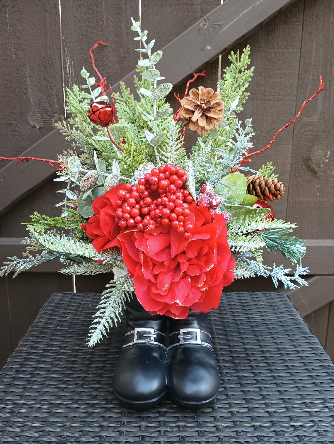 Santa Boots Christmas Floral Arrangement, Holiday Entryway Centerpiece ...