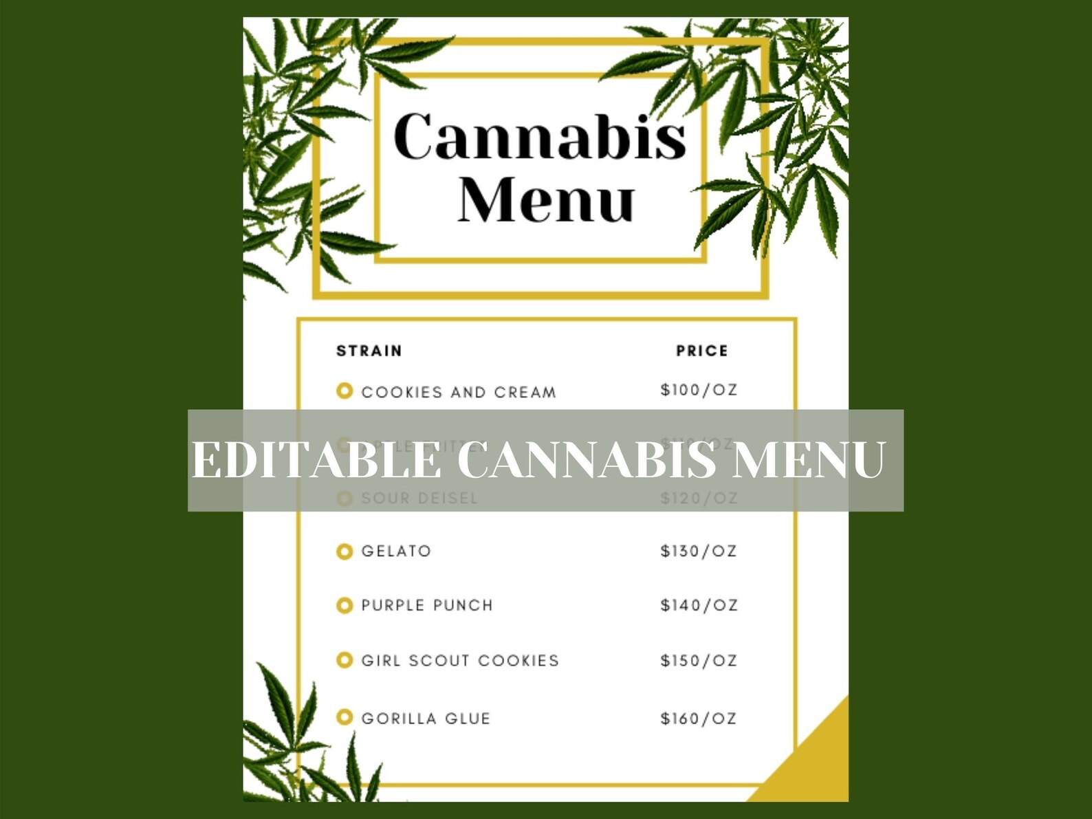 Editable Cannabis Marijuana Menu Template Etsy