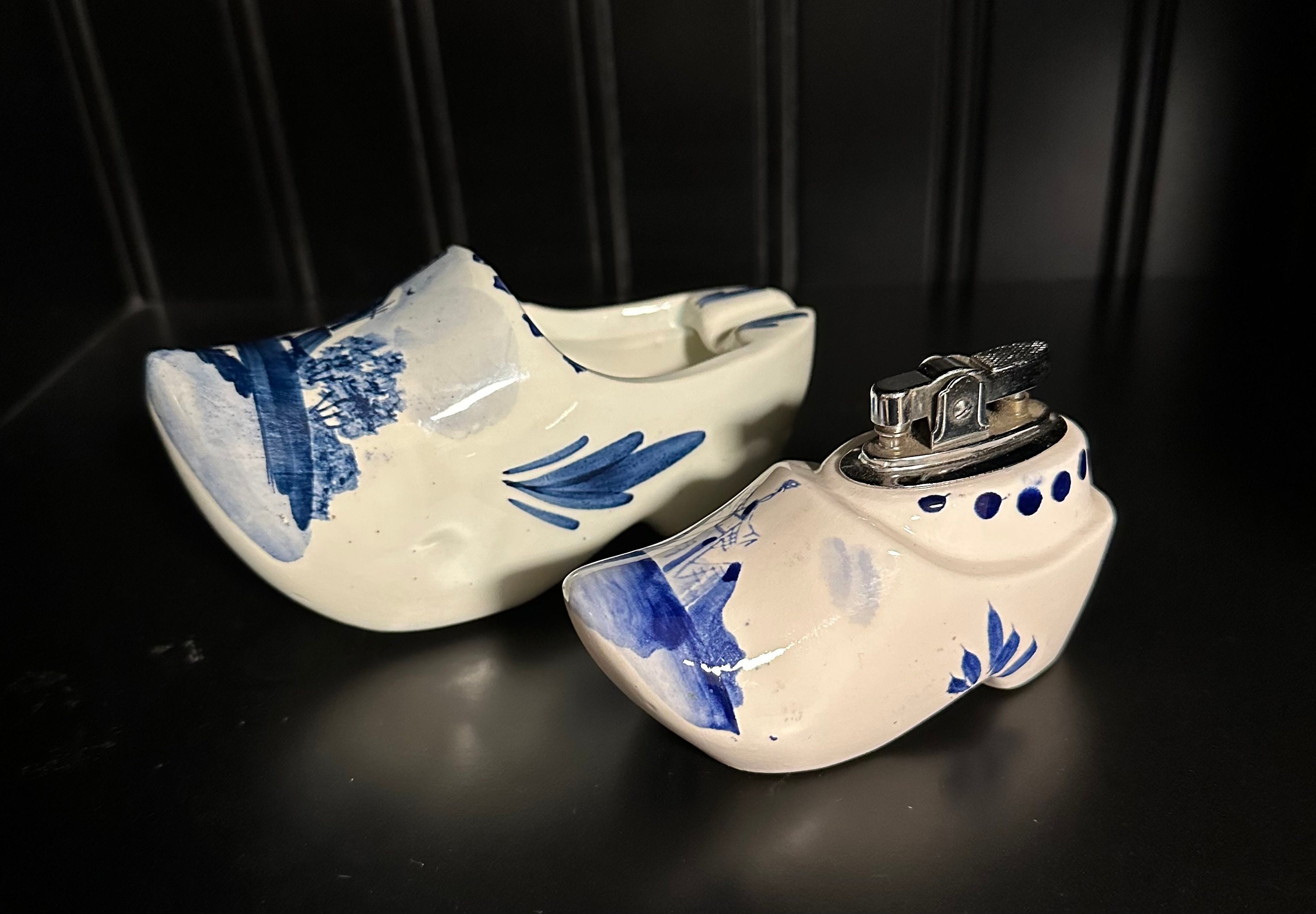 Vintage White Delft Clog Astray and Lighter Set With Blue - Etsy