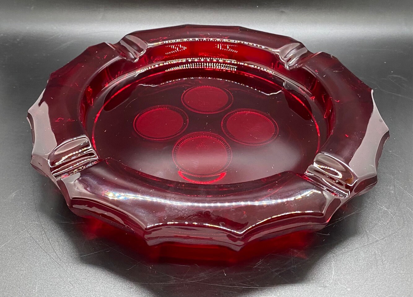 Ashtrays Vintage red Fostoria large Ashtray with embedded medallions in ...