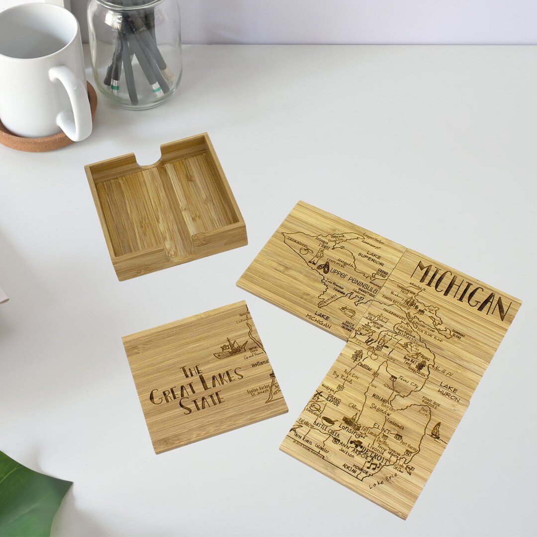 Michigan State Puzzle 4 Piece Bamboo Coaster Set With Case 4"x4" - Made ...