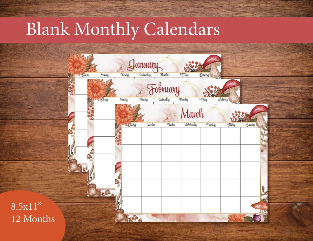 Cute Mushroom Blank 12 Month Calendars - Printable - Etsy