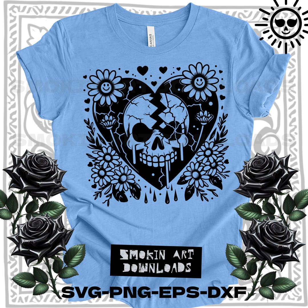Smiling Daisy Skull Heart Shape Design SVG Clip Art PNG EPS Dxf ...