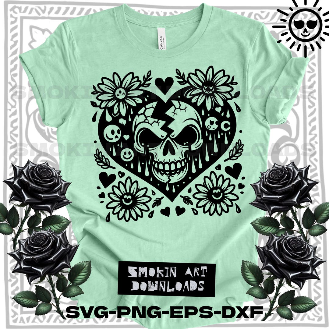 Smiling Daisy Skull Heart Shape Design SVG Clip Art PNG EPS Dxf ...