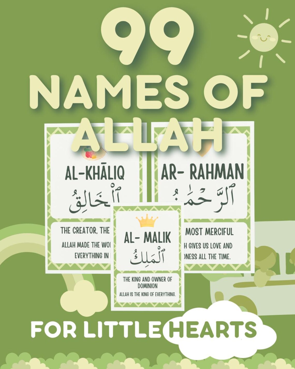 99 Names of Allah Flash Cards: Islamic Kids Learning (printable PDF ...