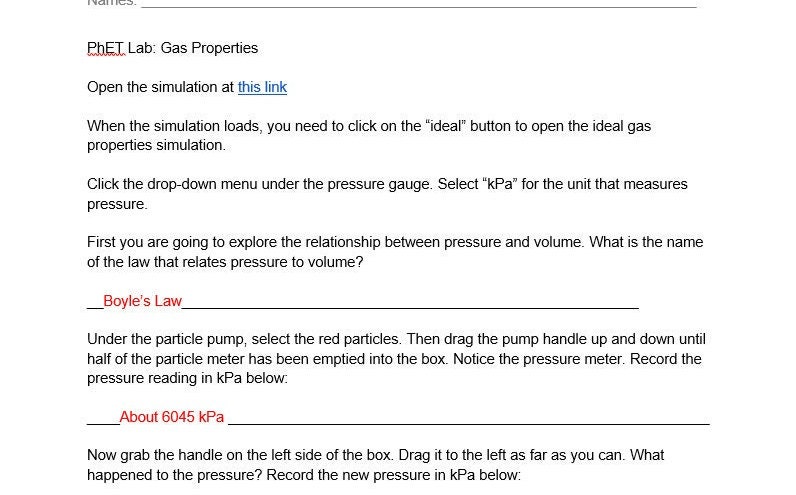 Phet Lab - Gas Properties - 7th Grade Science ANSWER KEY INCLUDED - Etsy