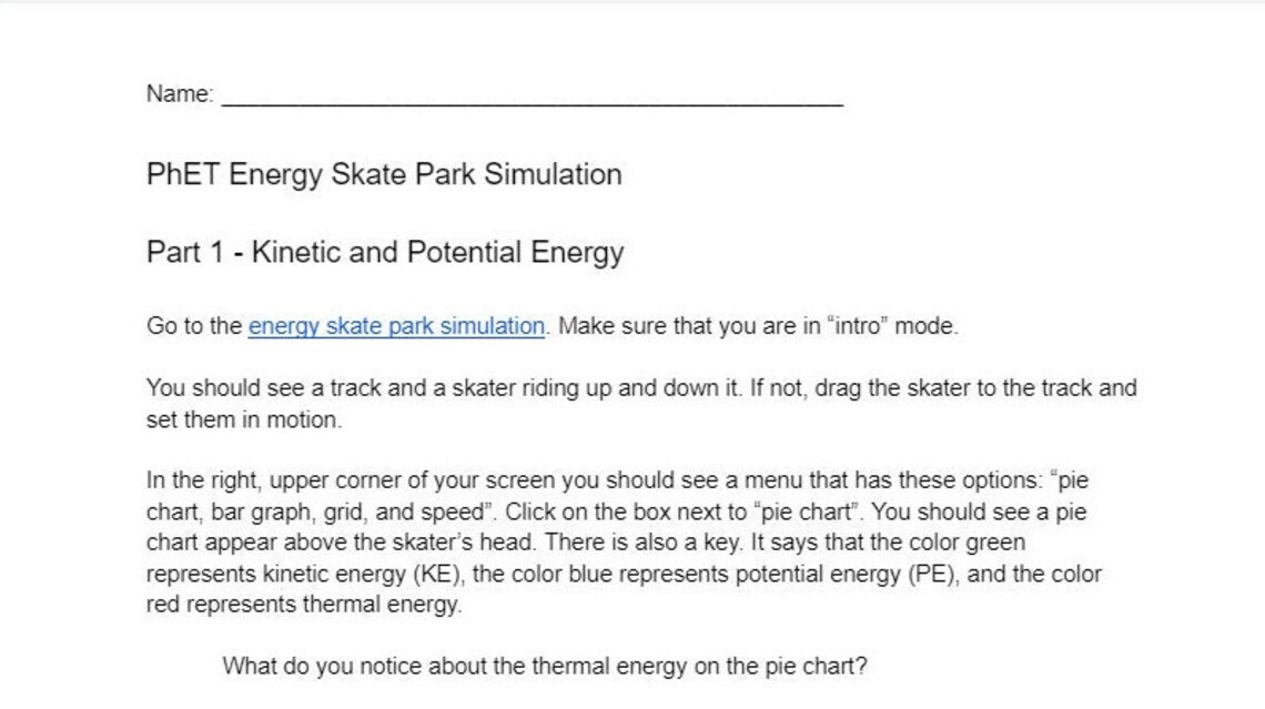 Phet Lab - Kinetic, Potential, Thermal, and Total Energy - 6th Grade ...