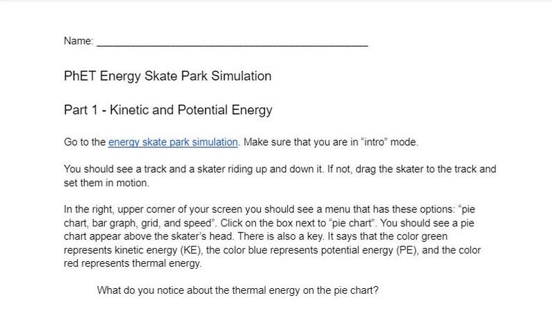 Phet Lab - Kinetic, Potential, Thermal, and Total Energy - 6th Grade ...