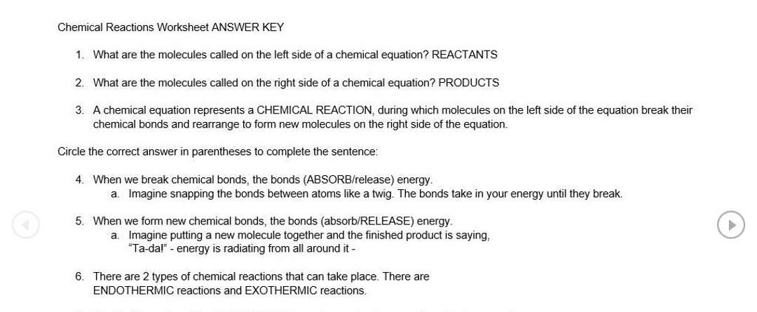 Chemical Reactions Worksheet - 8th - 10th Grade Science ANSWER KEY ...