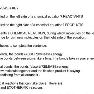 Chemical Reactions Worksheet - 8th - 10th Grade Science ANSWER KEY ...
