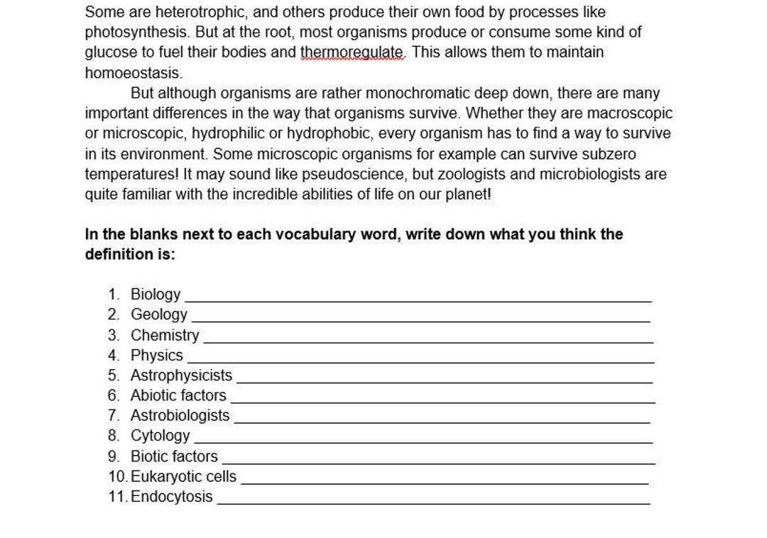7th Grade Life Science Worksheets