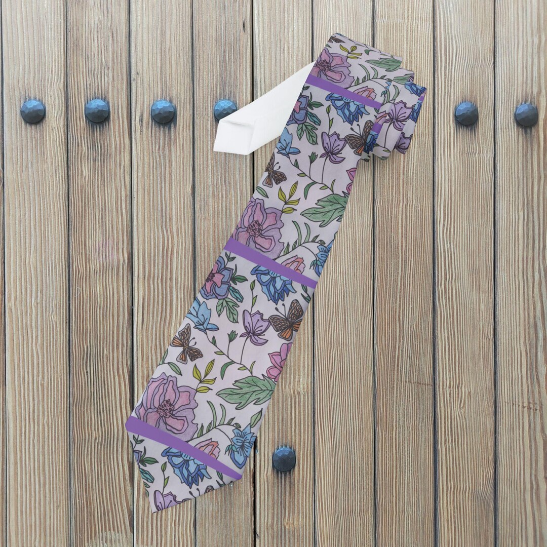 Flower Necktie, Floral Hand-drawn Pattern, Mauve Botanical Tie - Etsy