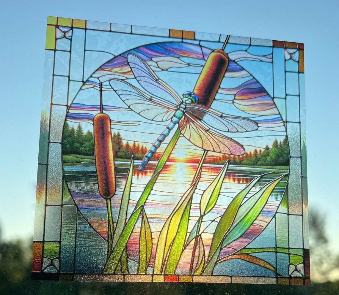 Window Cling Stained Glass Dragonfly on Cattail - Etsy