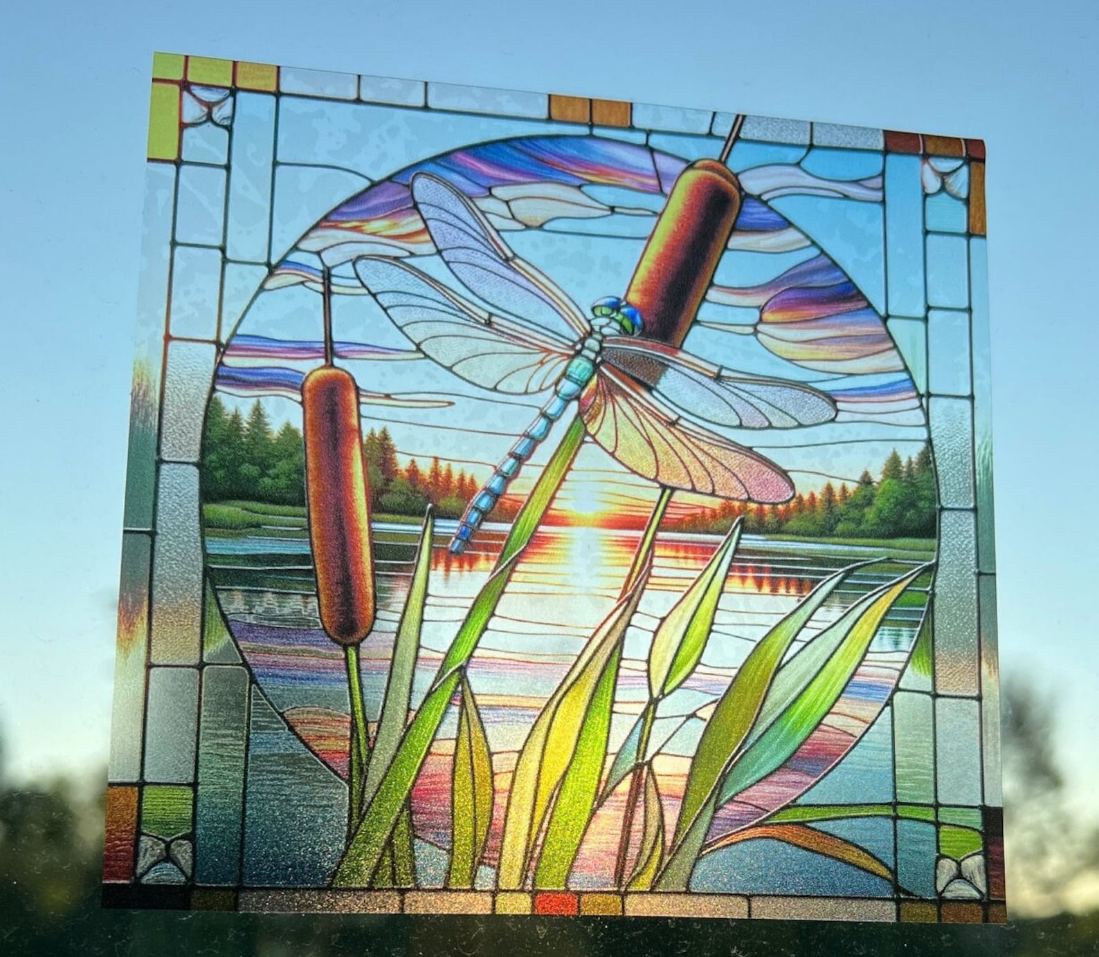 Stained Glass Dragonfly on Cattail Window Cling | Sun Catcher | Window ...