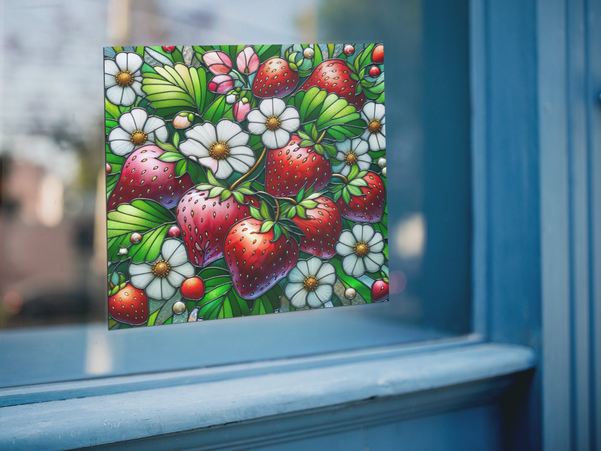 Faux Stained Glass Window Cling Strawberry Patch - Etsy