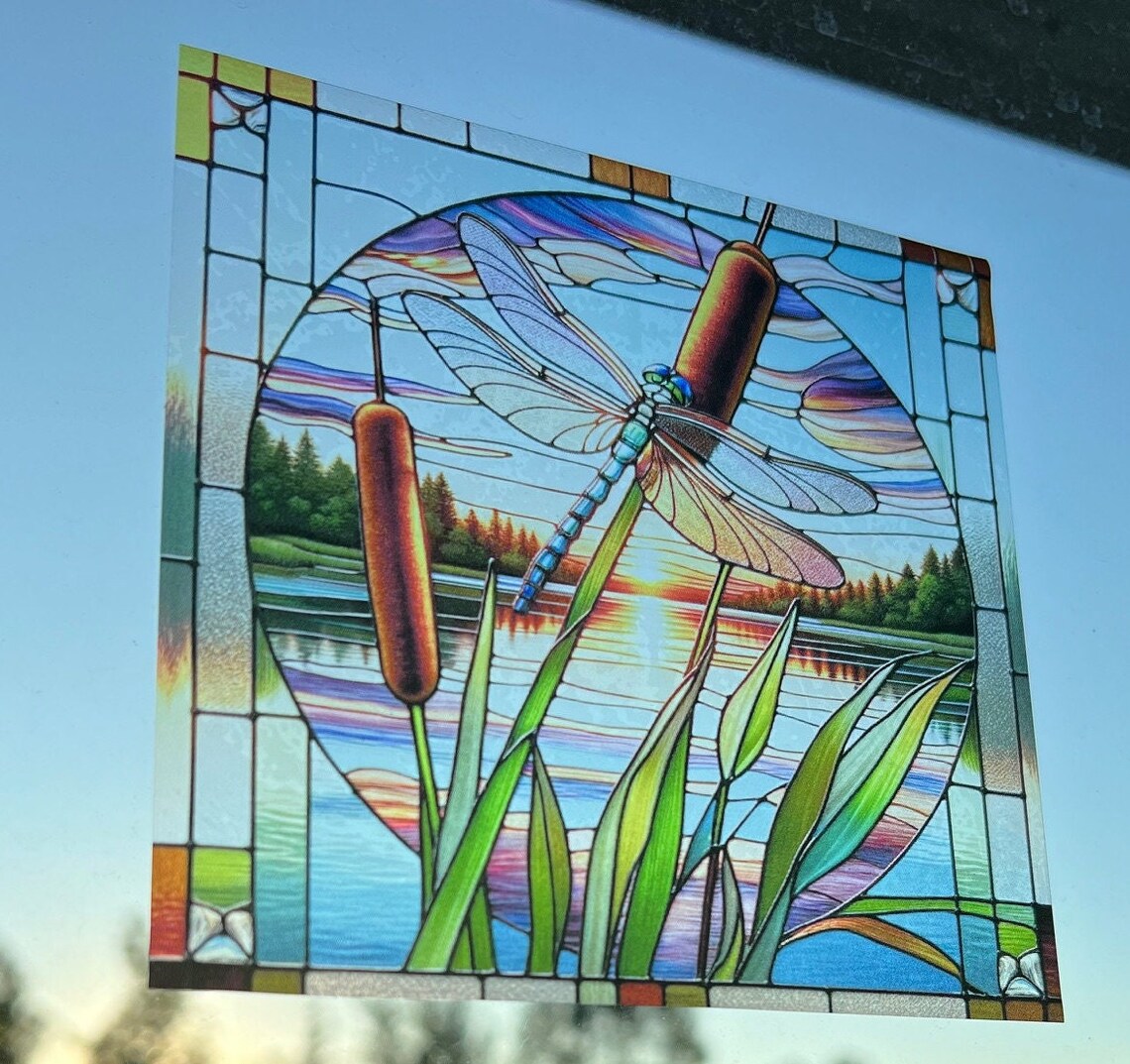 Window Cling Stained Glass Dragonfly on Cattail - Etsy