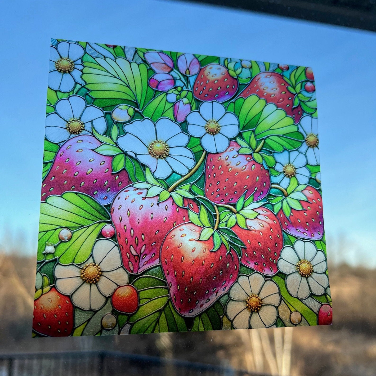Faux Stained Glass Window Cling Strawberry Patch - Etsy