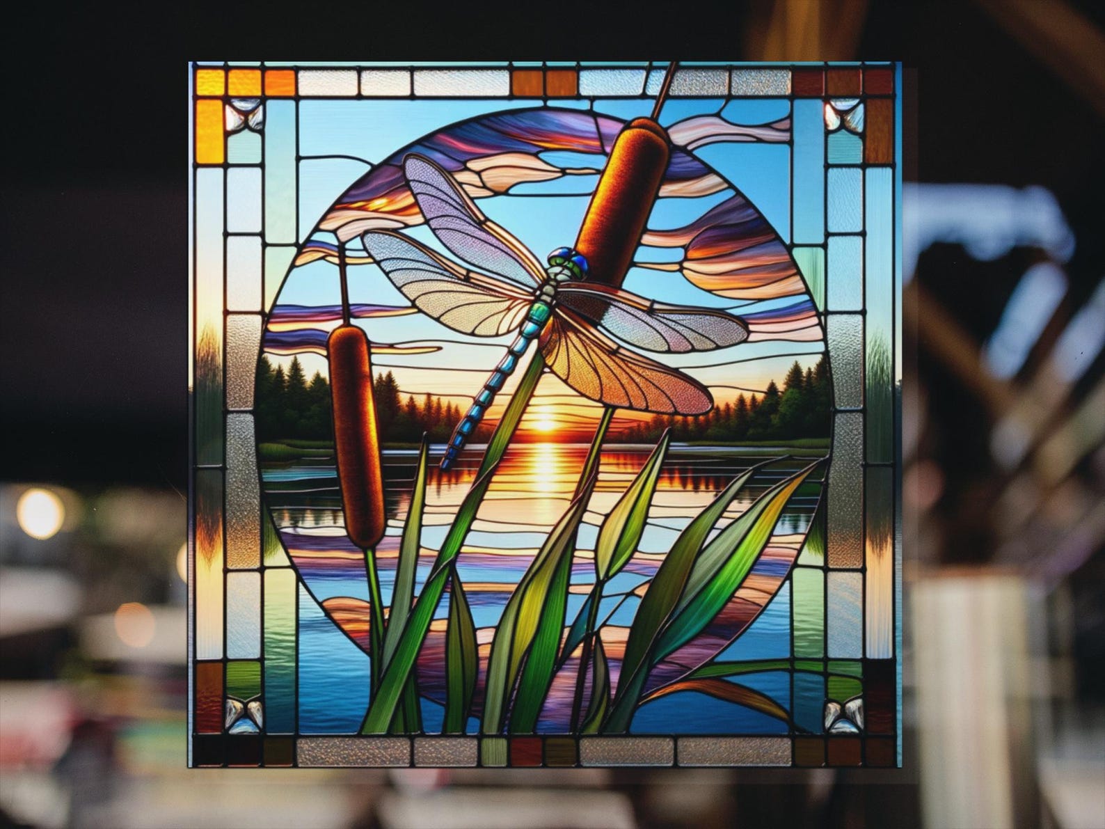 Window Cling Stained Glass Dragonfly on Cattail - Etsy