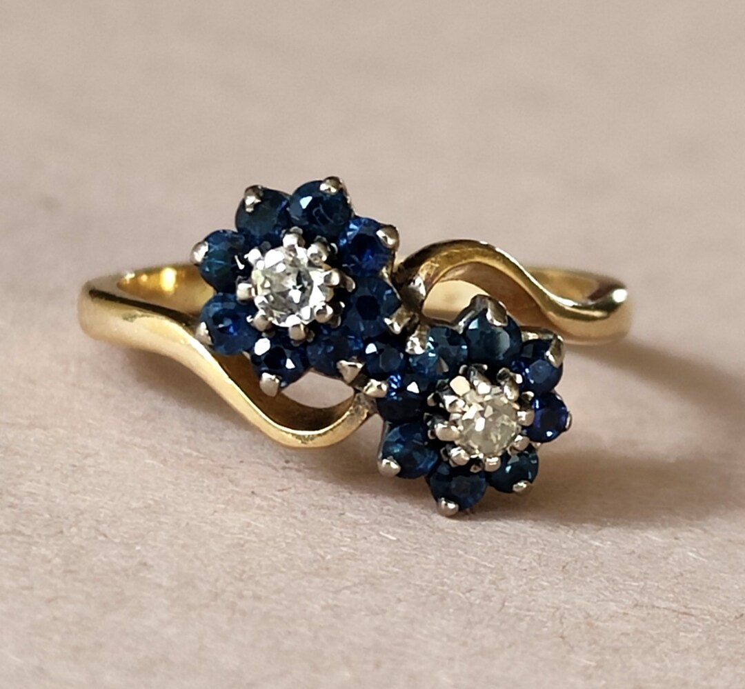 Vintage 18ct Gold Sapphire Diamond Flower Ring - Etsy