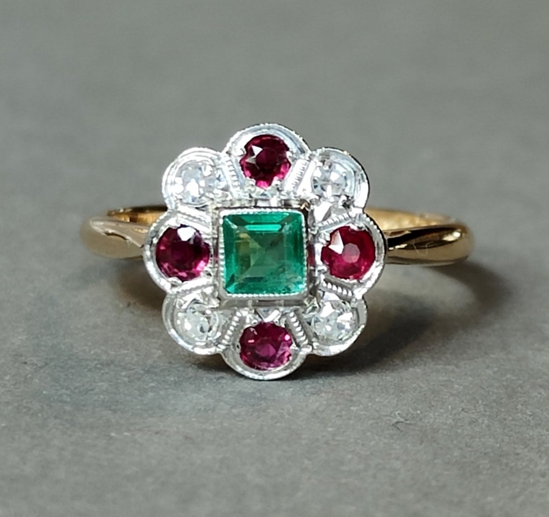 Art Deco 18ct Gold Platinum Emerald Ruby Diamond Ring - Etsy