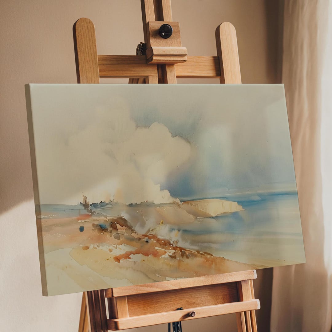 Vintage Watercolor Coastal Landscape Canvas Print | Soft Pastel Beach ...