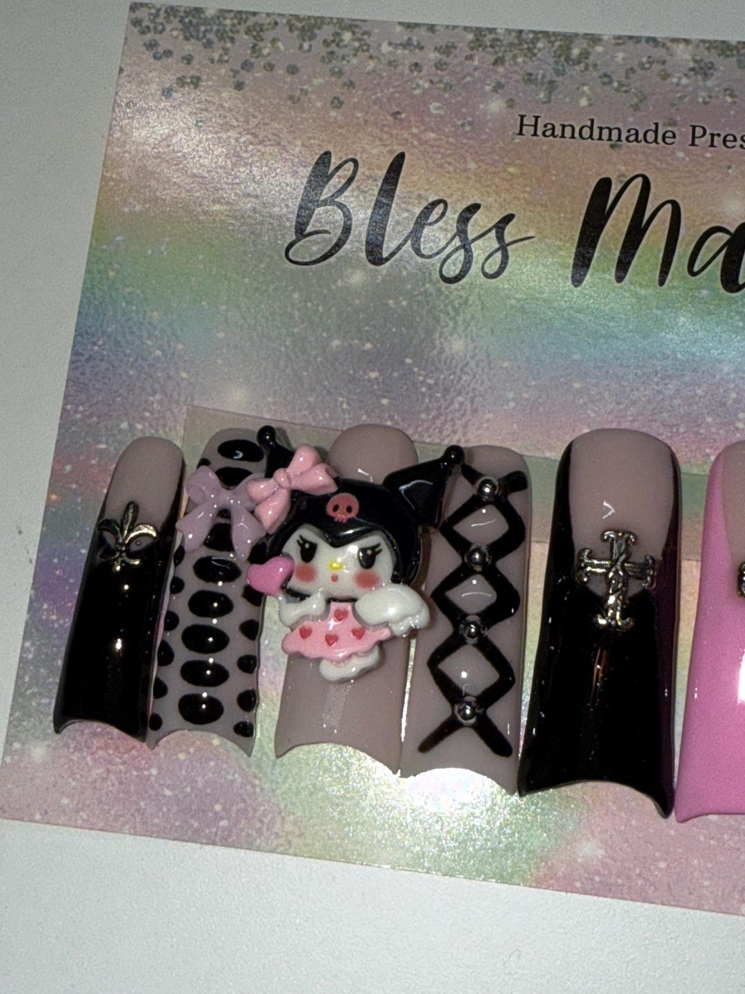 2XL Acrylic Duck Nails - Kawaii Kitty | Black & Pink Duo Colored Nails ...