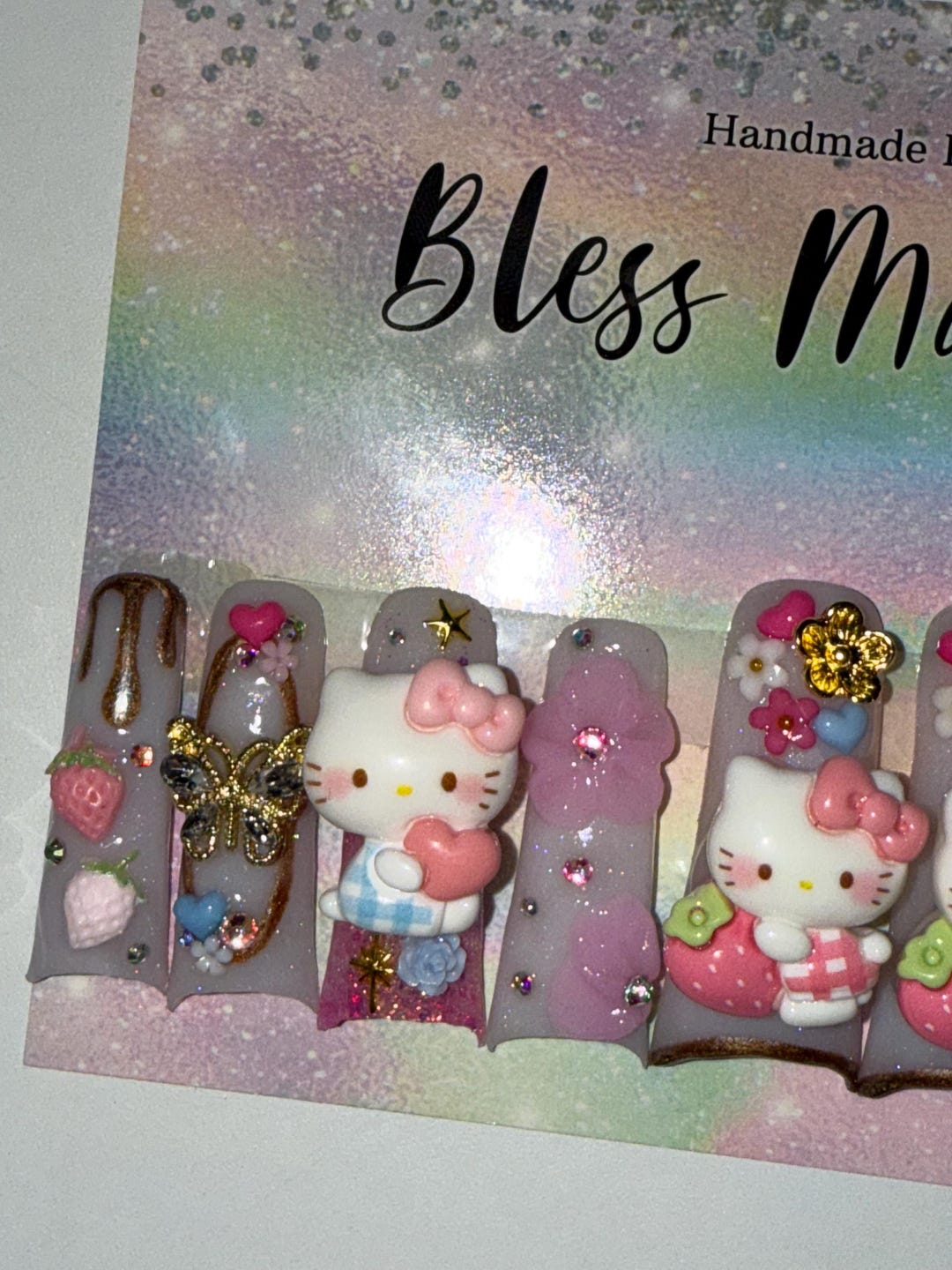 2XL Acrylic Duck Nails - Kawaii Kitty Pink/shimmer Soft White Nails W ...