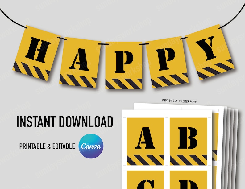 Printable Construction Birthday Banner Bunting Flags Template 3.5x4.5 ...