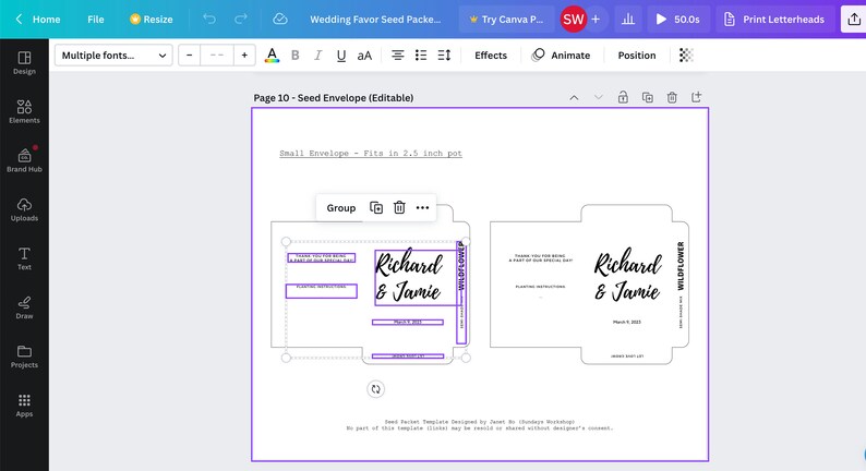 Printable Wedding Favor Seed Packet Template Envelope in 3 Designs 3 ...