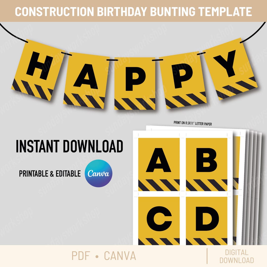 Printable Construction Birthday Banner Bunting Flags Template 3.5x4.5 ...