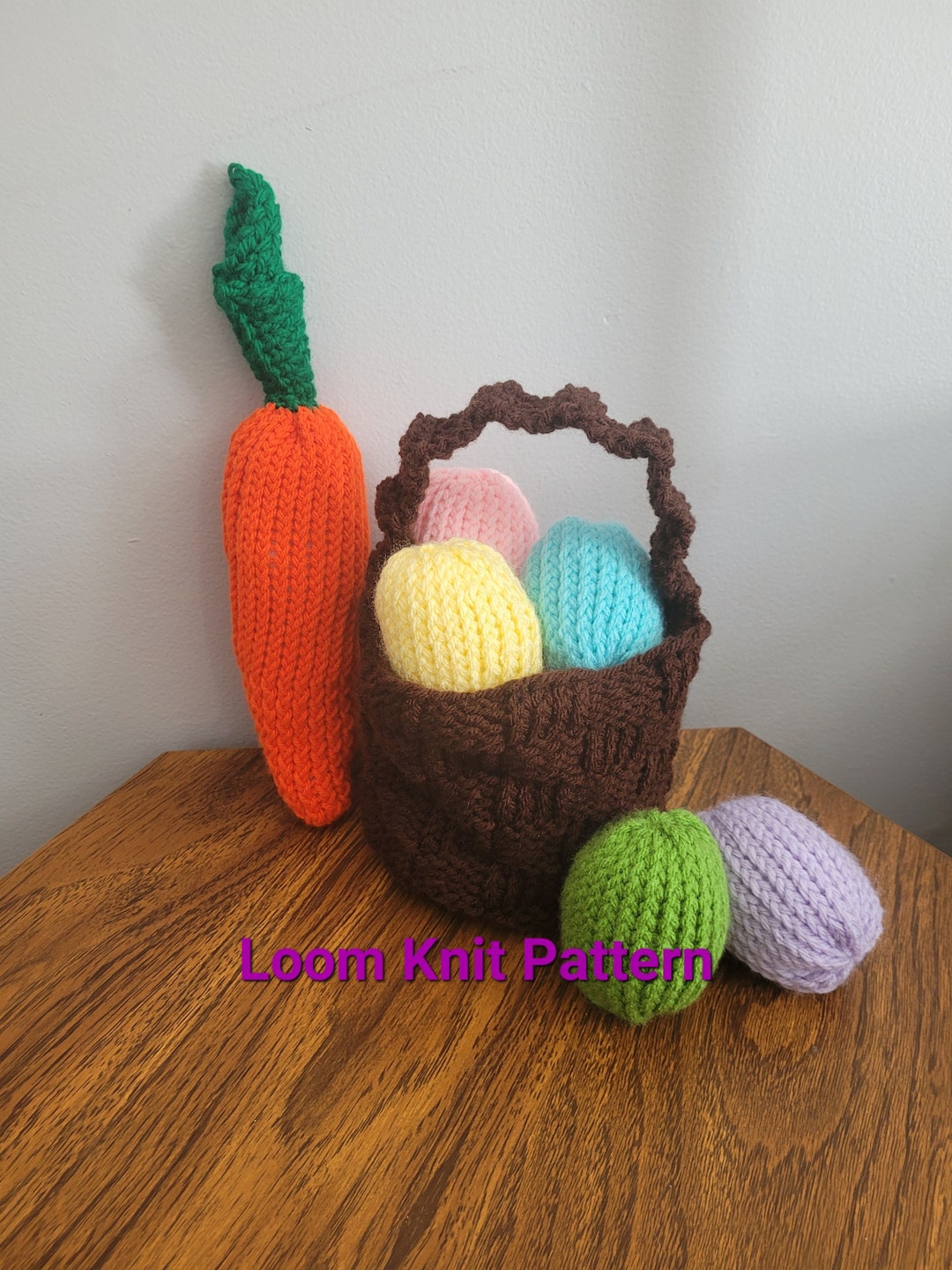 Easter Basket, Carrot and Eggs - Loom Knit PATTERN - 3/8" Gauge Loom ...