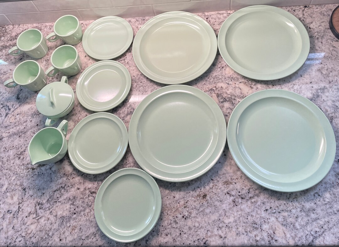 Vtg Prolon Ware Dinner Set Service for 4 Melamine Sea Foam Mint Green ...