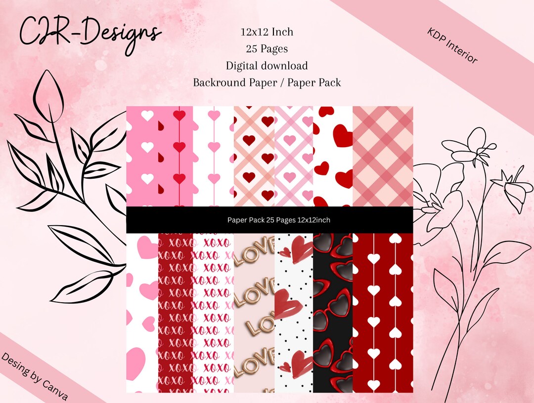 Sweet Love and Heart Digital Paper Pack With 25 Pages in 12x12 Inch ...