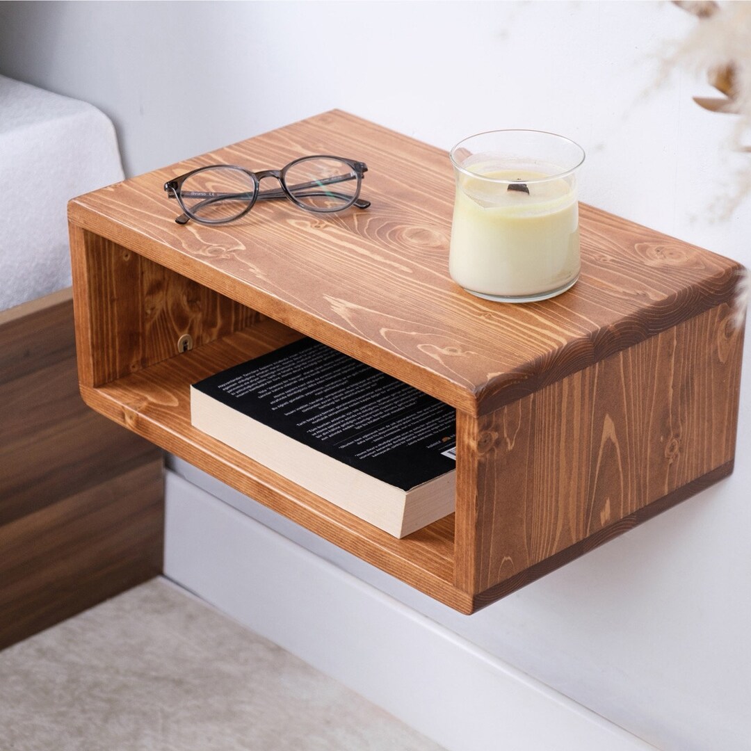 Light Walnut Color Floating Nightstand, Wood Bedside Shelf, Floating ...