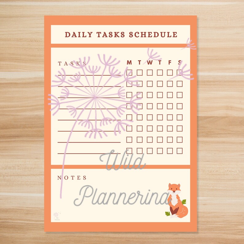 Fox Daily Task Schedule Downloadable Planner Page Fox - Etsy