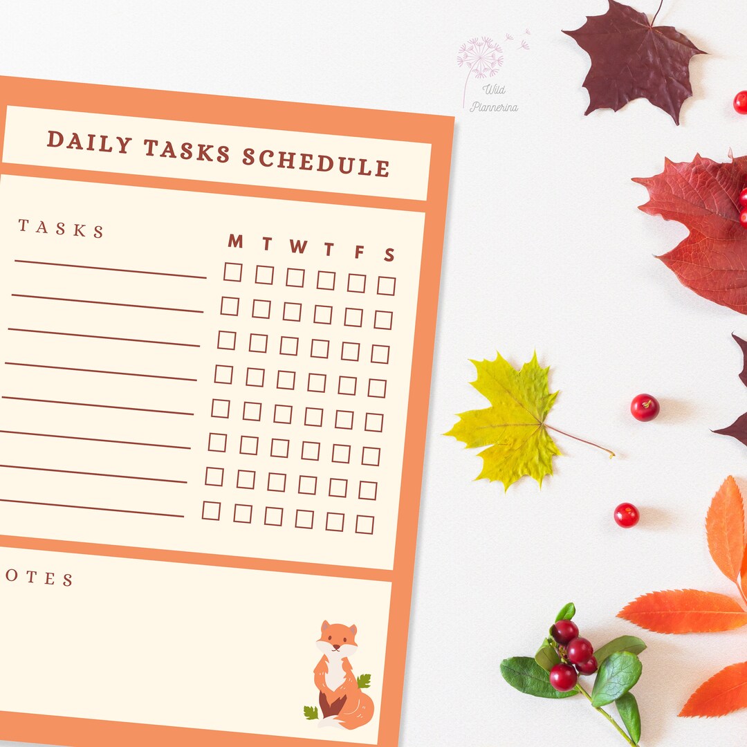 Fox Daily Task Schedule Downloadable Planner Page Fox - Etsy