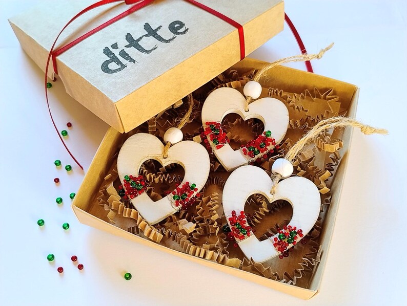 Wooden White Heart With Glass Beads in a Gift Box, Christmas Decoration ...