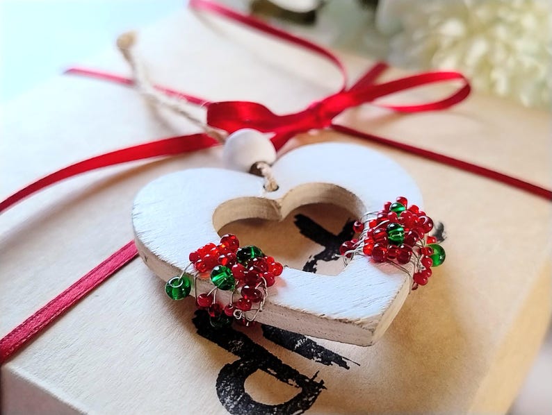 Wooden White Heart With Glass Beads in a Gift Box, Christmas Decoration ...