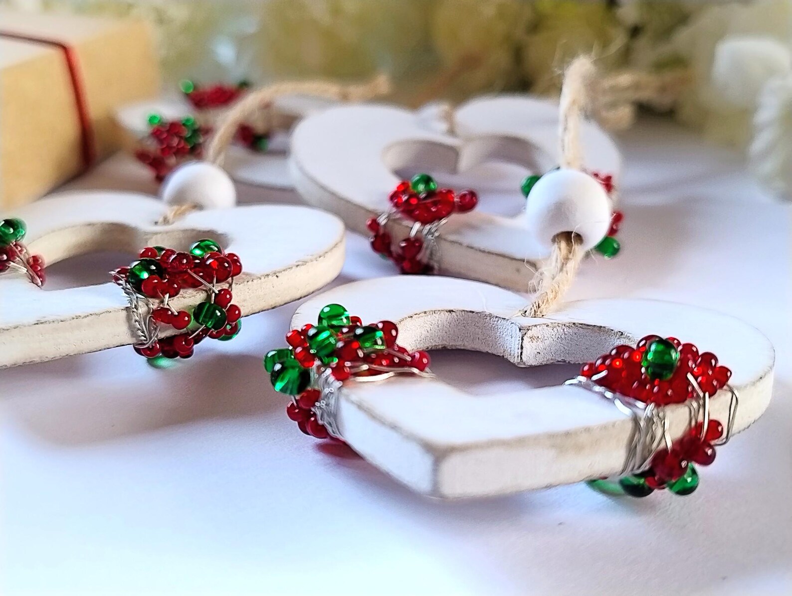 Wooden White Heart With Glass Beads in a Gift Box, Christmas Decoration ...