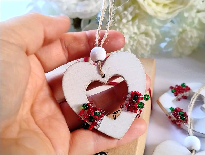 Wooden White Heart With Glass Beads in a Gift Box, Christmas Decoration ...