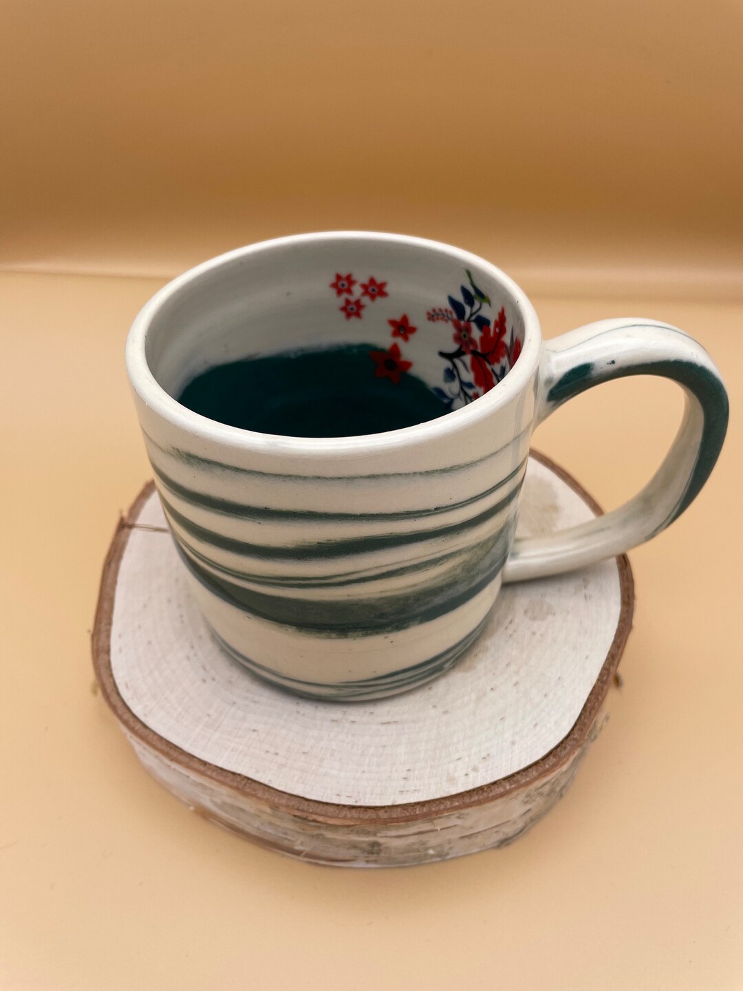 Stunning, Wheel Thrown Marble Swirl Pottery Mug With Folk Art Floral ...