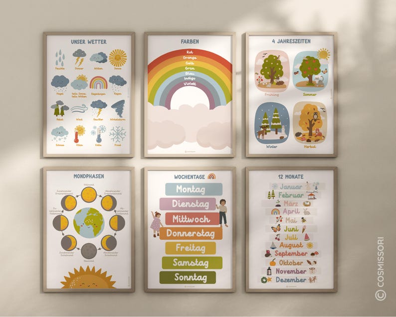 6 Poster Set Time & Weather Seasons Months Weekdays Wall Art Boho ...