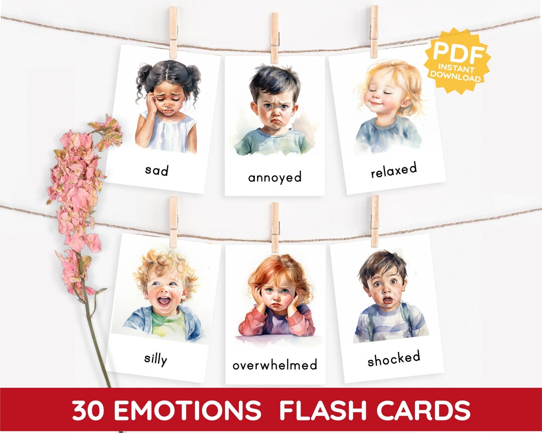 Emotions Flash Cards Children Watercolor Montessori Picture Learning ...
