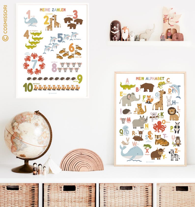 Alphabet Numbers Animals Poster Set of Two Wall Art Nursery Daycare ...