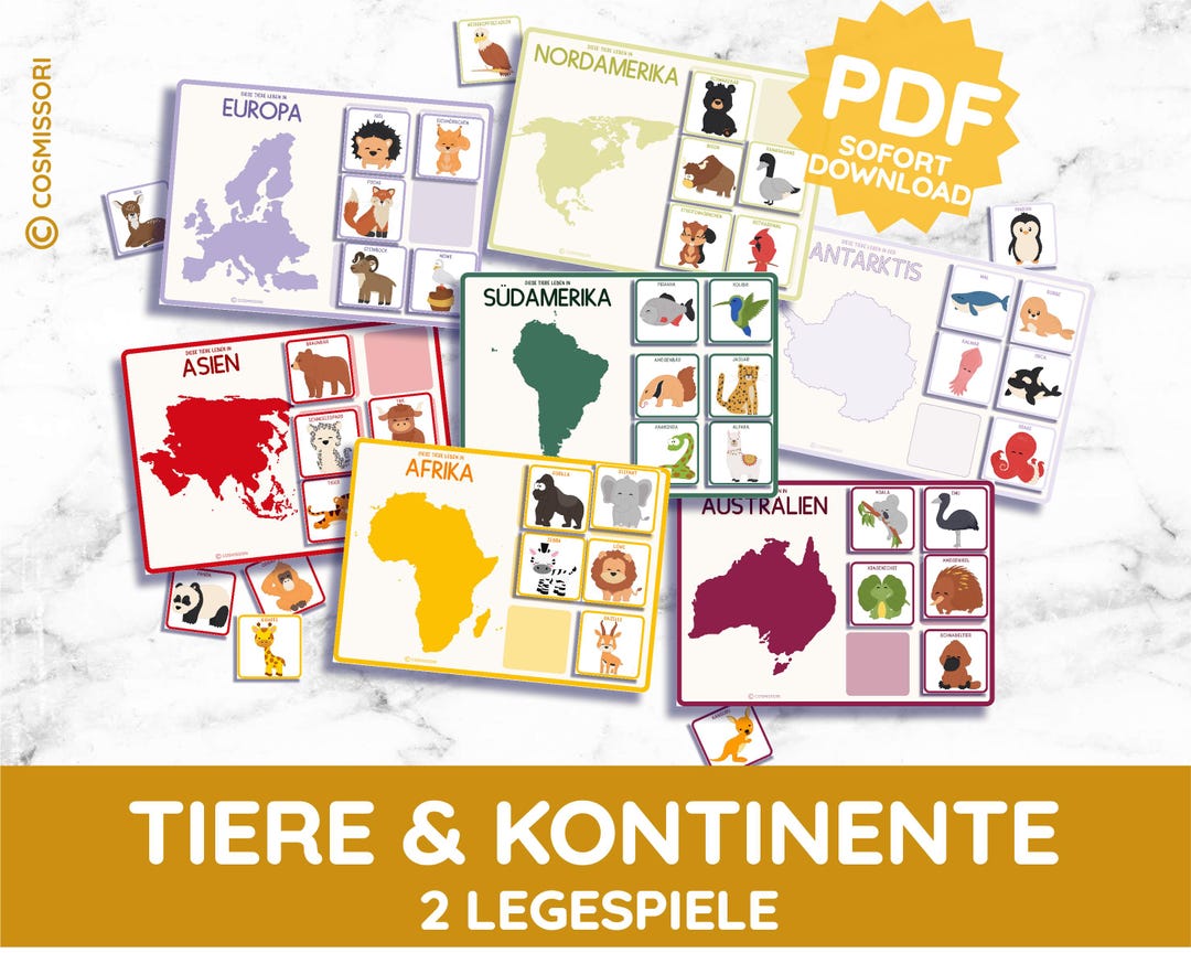 Continents & Animals Picture Cards Montessori Sorting Game Toddler ...