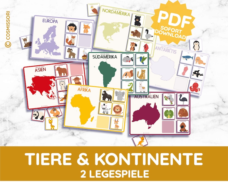 Continents & Animals Picture Cards Montessori Sorting Game Toddler ...