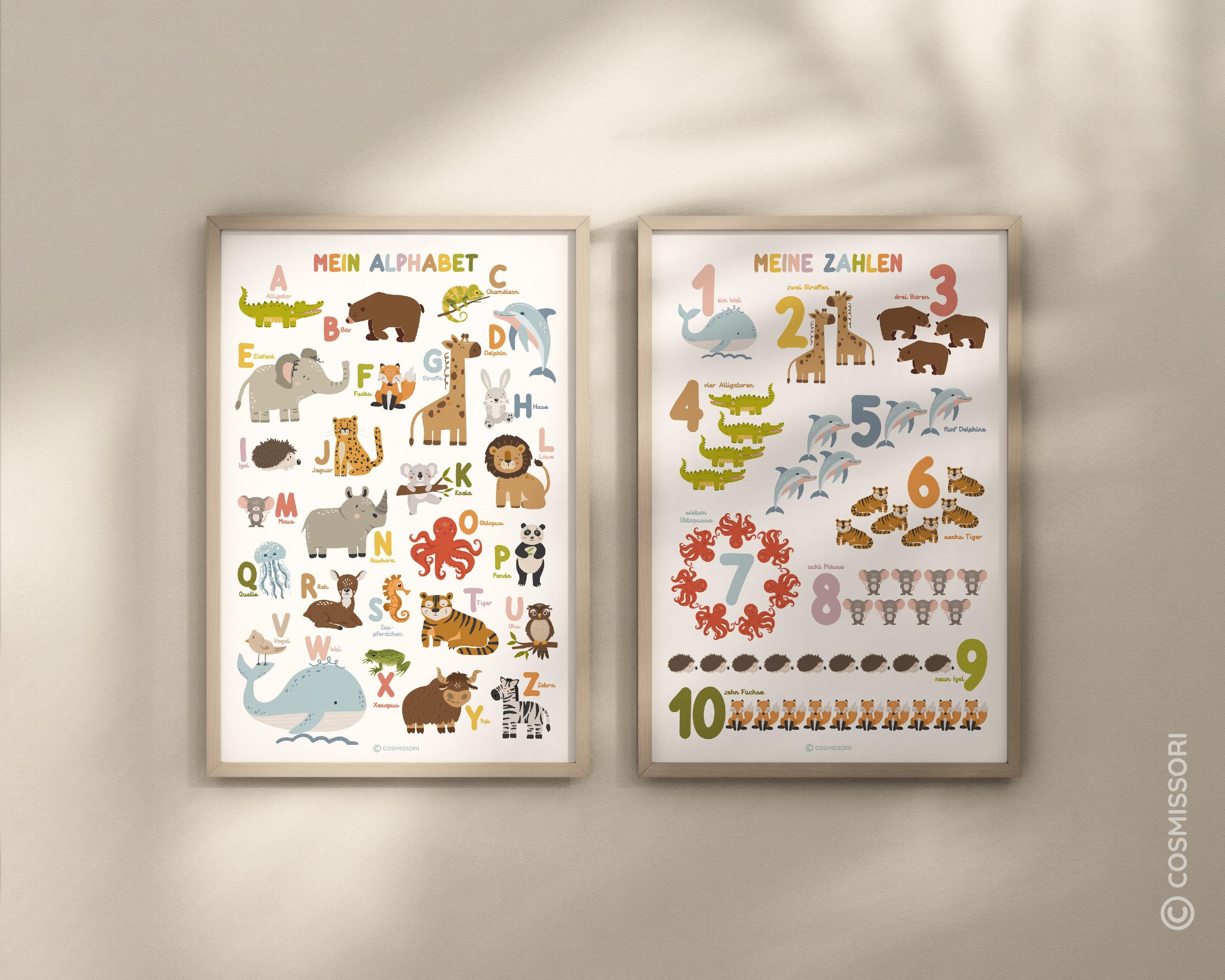 Alphabet Numbers Animals Poster Set of Two Wall Art Nursery Daycare ...