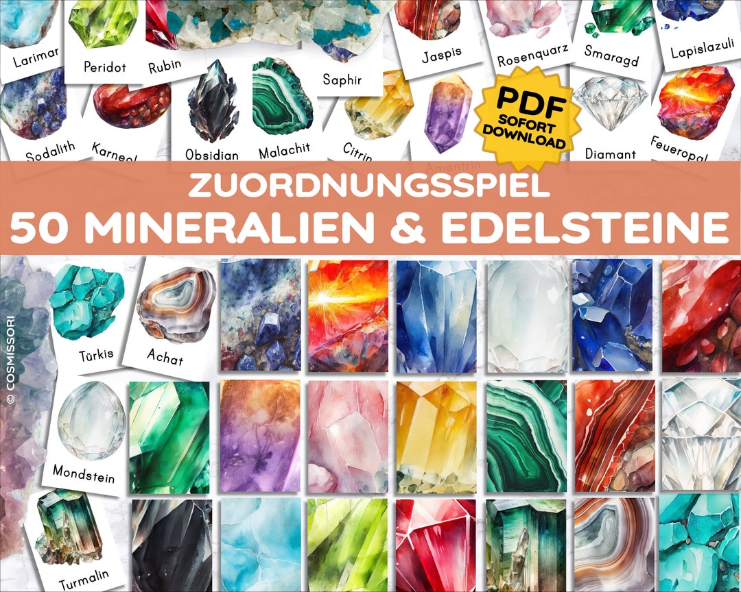 50 Minerals Gemstones Crystals Montessori Matching Game Picture Cards ...