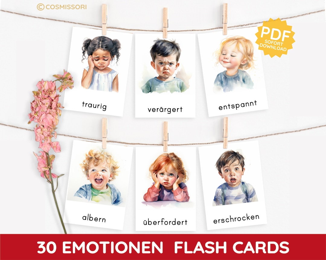 Emotions Children Watercolor Montessori Picture Cards Learning Cards ...