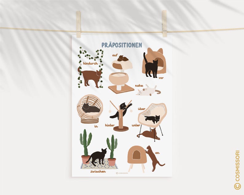 PREPOSITIONS Boho Cats Silhouette Wall Art Montessori Poster Playroom ...